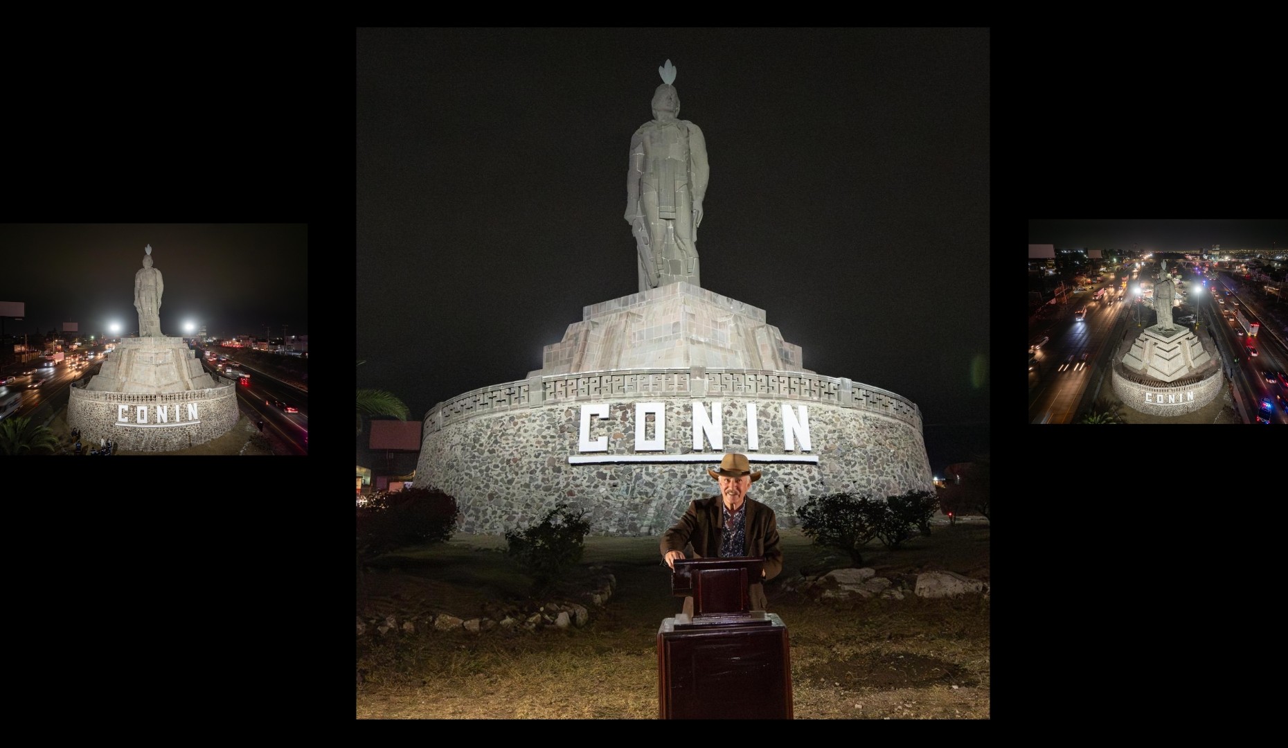 Iluminan la estatua de Conín para dar la bienvenida a los visitantes ...